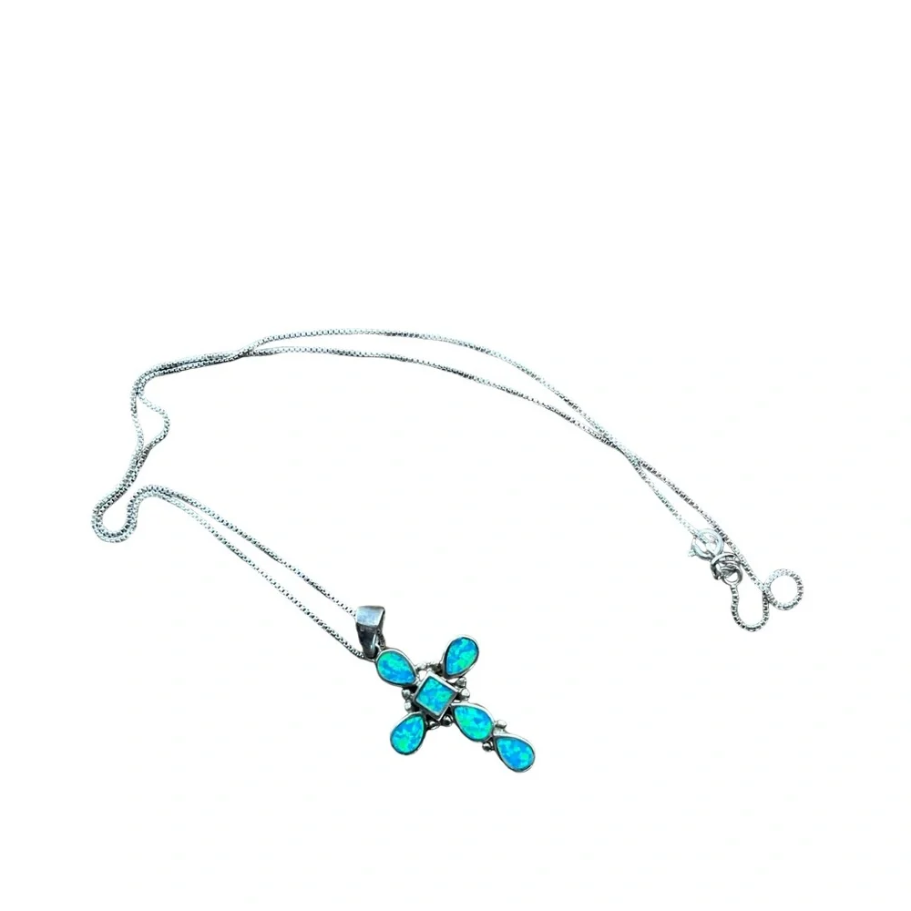 AK | Jewelry | Signed Sterling Silver Blue Fire Opal Inlay Cross ...